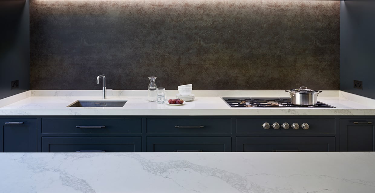 Caesarstone Statuario Maximus quartz worktops chosen by Yeo Design